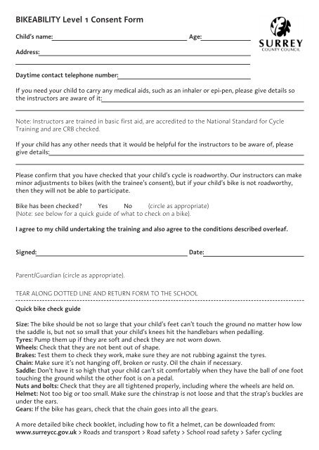 BIKEABILITY Level 1 Consent Form - West Ashtead Primary