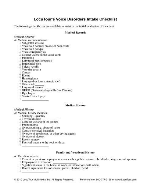 LocuTour's Voice Disorders Intake Checklist