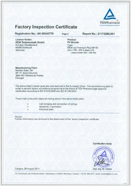 Factory Inspection Certificate - REW SOLAR