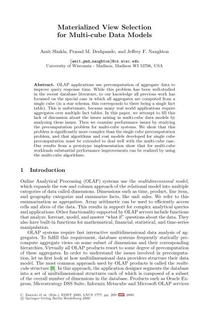 Materialized View Selection For Multi Cube Data Models