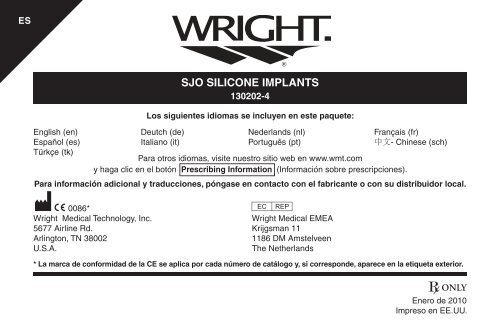 SJO SILICONE IMPLANTS - Wright Medical Technology, Inc.