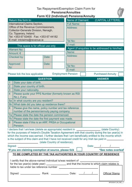 Form IC2 (Private Individual) Tax Repayment/Exemption Claim Form