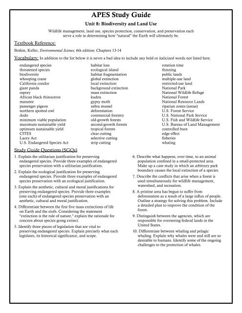 APES Unit 08 - Study Guide - class with Mrs. Robson@ YAY! Science!
