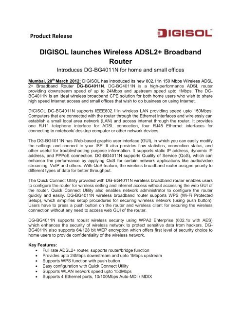 DIGISOL launches Wireless ADSL2+ Broadband Router - Digisol.com