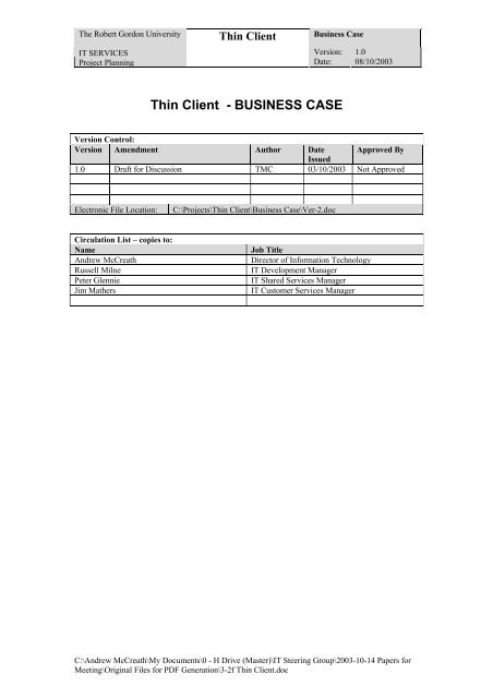 Thin Client - BUSINESS CASE - Robert Gordon University