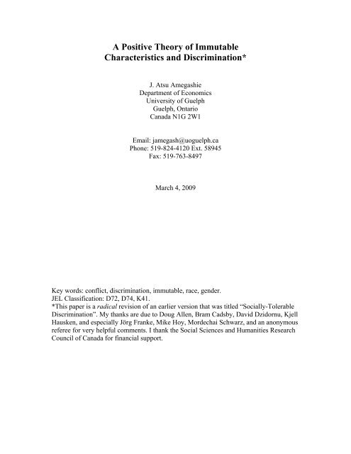 A Positive Theory of Immutable Characteristics and Discrimination*