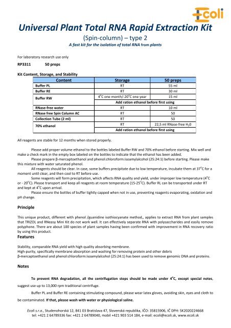Universal Plant Total RNA Rapid Extraction Kit - ecoli.sk