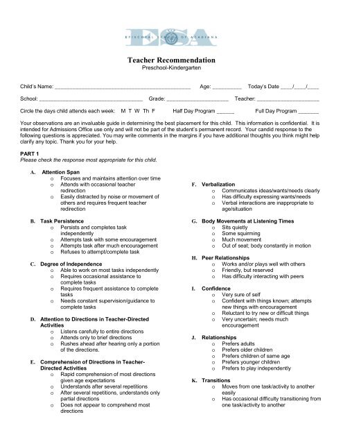 PreK and Kindergarten Recommendation Form - Episcopal School ...