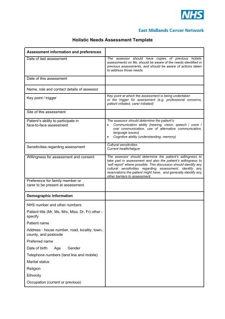 Holistic Needs Assessment Template - East Midlands Cancer Network
