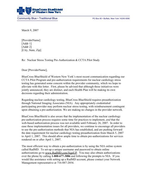 Letter from BlueCross BlueShield of Western New York