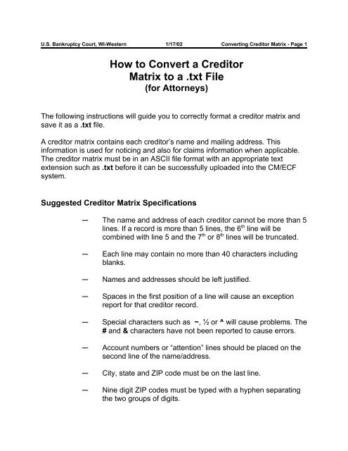 Creditor Matrix (converting to a text file)