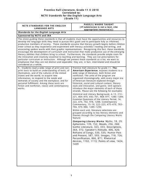 Prentice Hall Literature, Grade 11 Â© 2010 Correlated to ... - Pearson