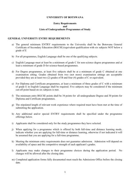 UNIVERSITY OF BOTSWANA Entry Requirements and Lists of ...