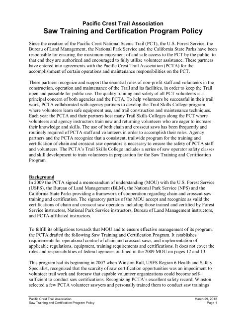 Saw Training and Certification Program Policy - Pacific Crest Trail ...