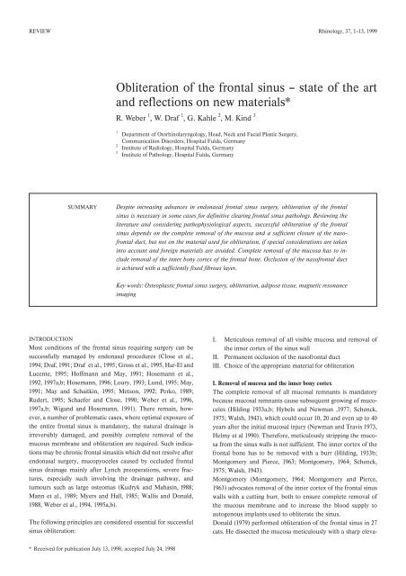 Obliteration Of The Frontal sinus â€“ State Of The - Rhinology ...
