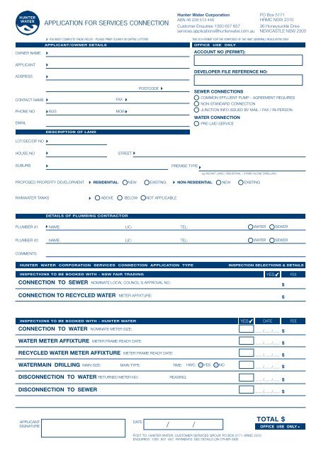 Services Connection Application Form - Hunter Water