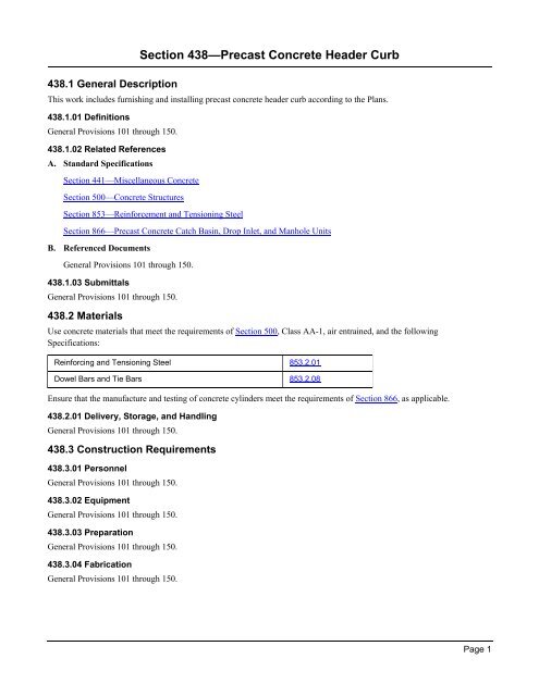 Section 438 Precast Concrete Header Curb