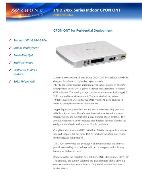 zNID 24xx Series Indoor GPON ONT