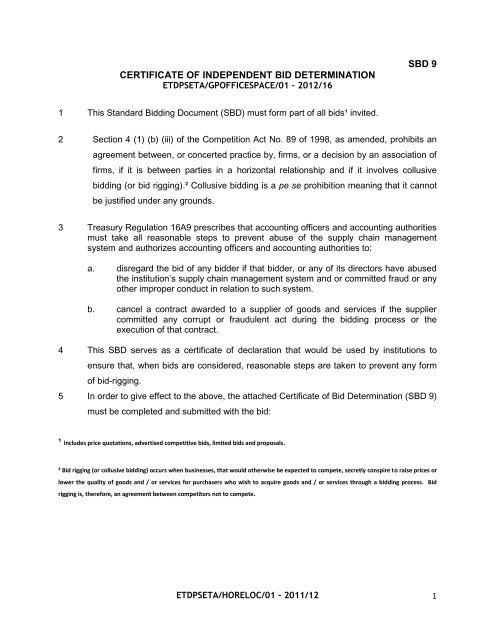 Certificate of Independent Bid Determination - ETDP Seta