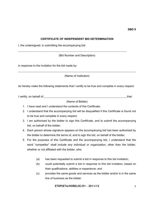 SBD 9 CERTIFICATE OF INDE