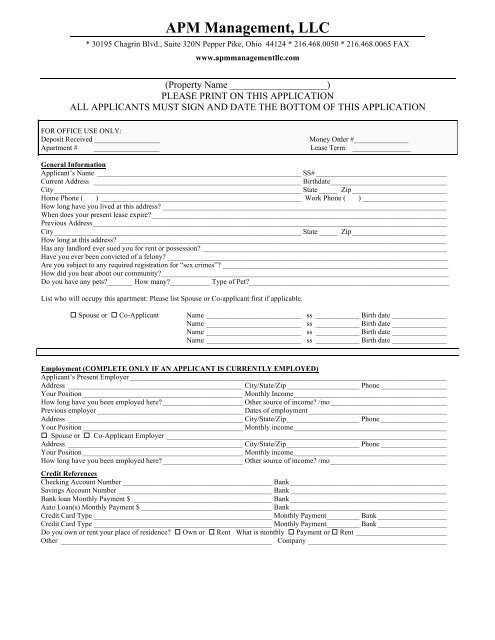 Printable Rental Application - Apollo Property Management