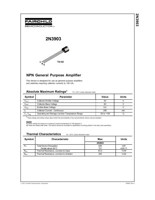 2N3903 NPN General Purpose Amplifier