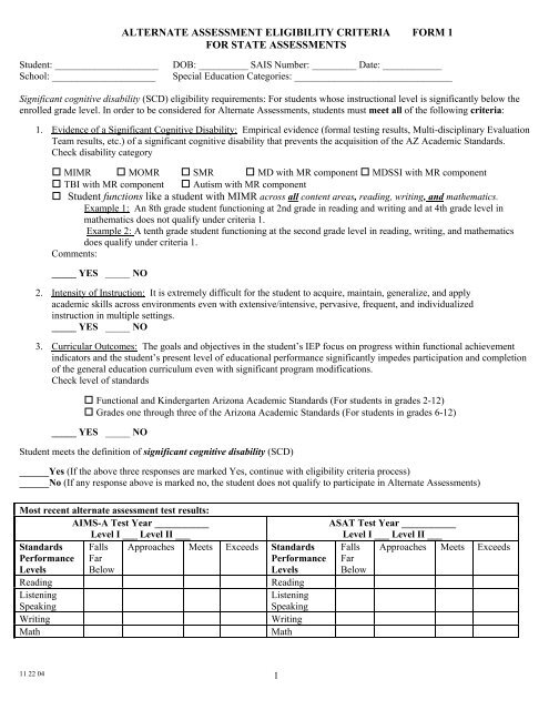 ALTERNATE ASSESSMENT ELIGIBILITY CRITERIA FORM 1 FOR ...