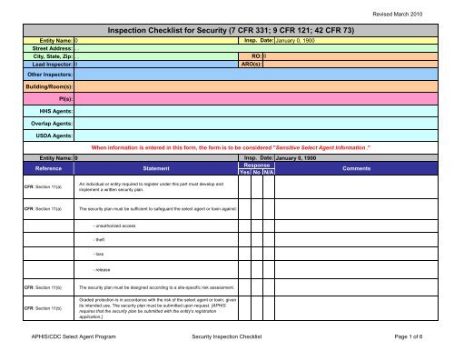 Inspection Checklist for Security - Select Agent Program