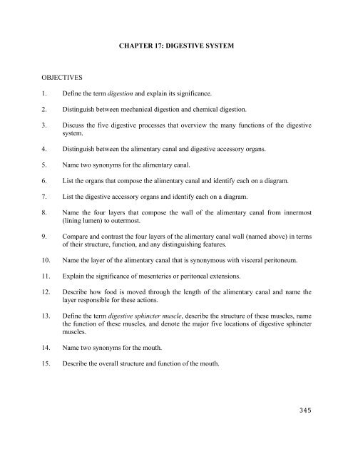 345 CHAPTER 17: DIGESTIVE SYSTEM OBJECTIVES 1. Define the ...