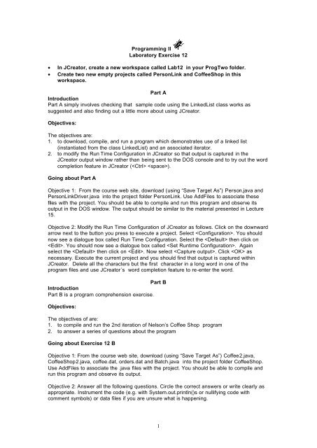 1 Programming Ii Laboratory Exercise 12 • In Jcreator Create A New