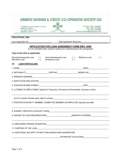 of 4 APPLICATION FOR LOAN AGREEMENT ... - Kimisitu Sacco