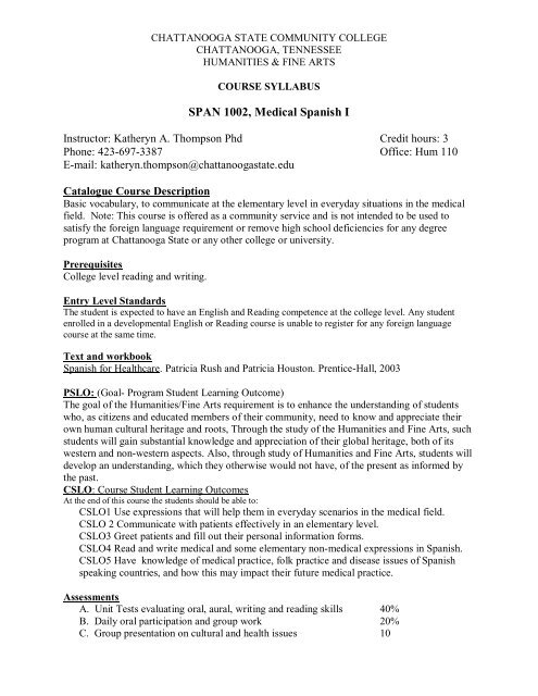 SPAN 1002, Medical Spanish I - Chattanooga State Community ...
