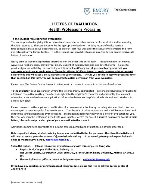 Letter of Evaluation Cover form - Career Center - Emory University