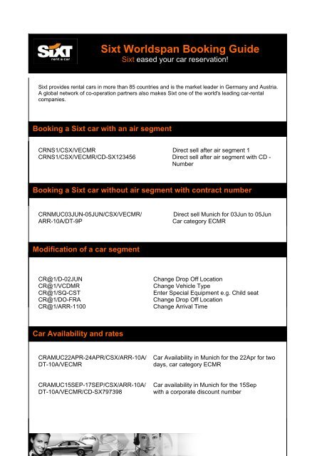 Sixt Worldspan Booking Guide
