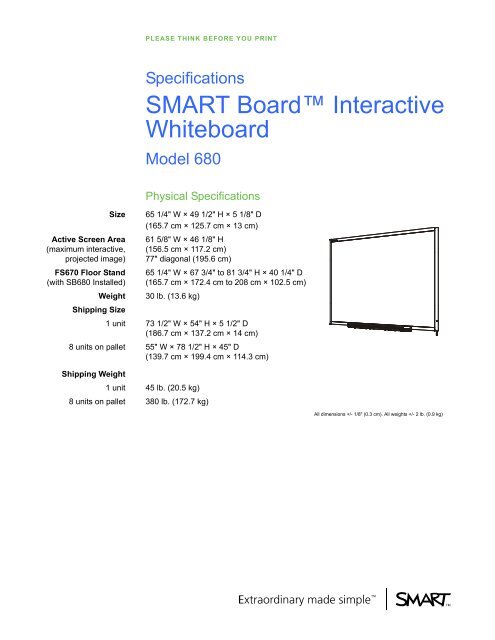 SMART Board Interactive Whiteboard Model 680 Specifications