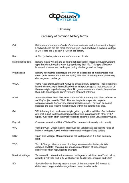 Glossary Glossary of common battery terms