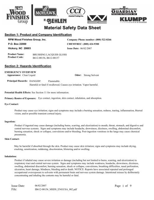 Material Safety Data Sheet - Tools for Working Wood