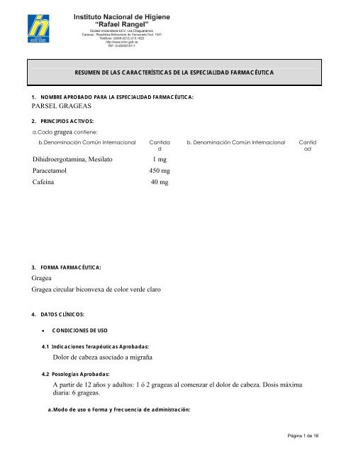 PARSEL GRAGEAS Dihidroergotamina, Mesilato 1 mg Paracetamol ...