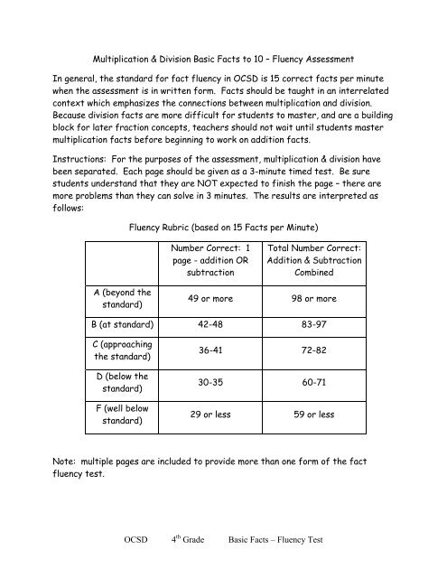 OCSD 4th Grade Basic Facts Ã¢Â€Â“ Fluency Test Multiplication ...