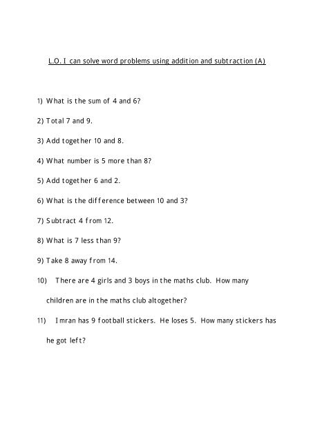 Addition and Subtraction Word Problems - Teaching Ideas