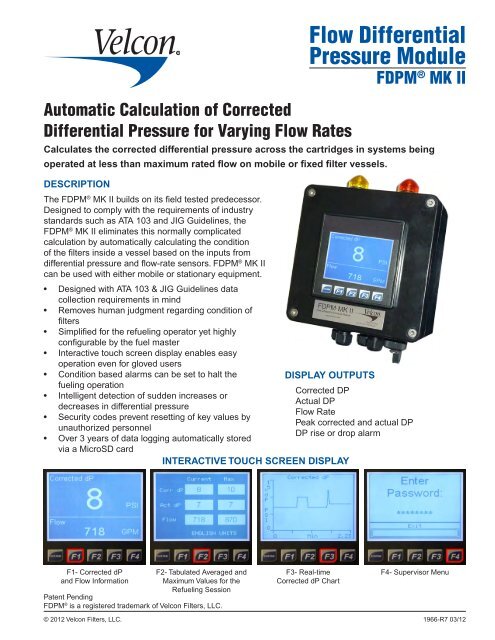 FDPM Flow Differential Pressure Module -Datasheet ... - Velcon Filters