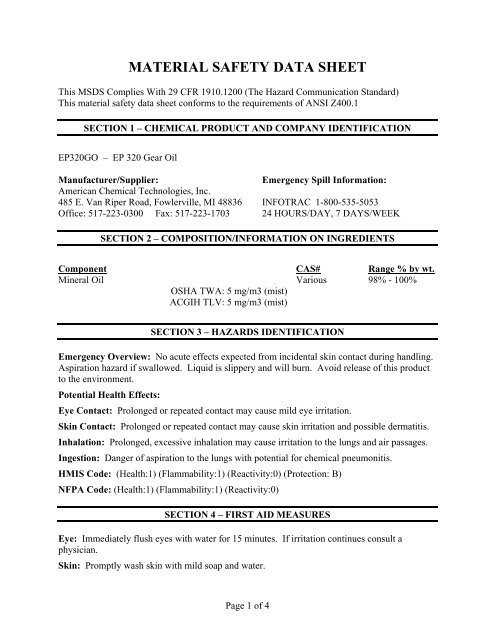EP 320 Gear Oil MSDS - American Chemical Technologies