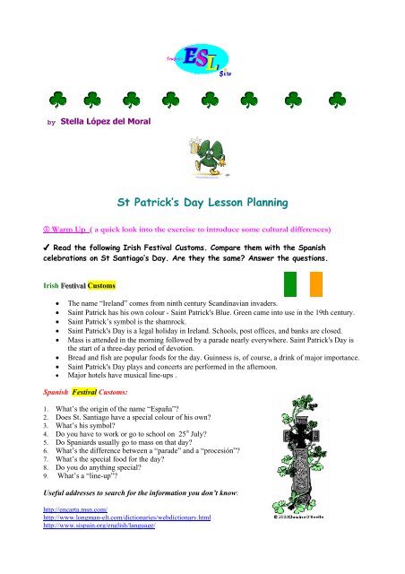 St Patrick's Day Lesson Planning (.pdf) - Isabel's ESL Site