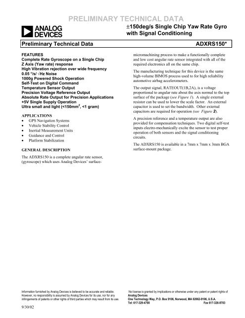 Analog Devices ADXRS150 Gyroscope data sheet