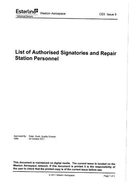 List of Authorised Signatories and Repair Station Personnel - Esterline