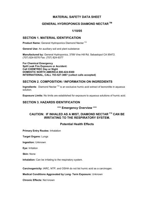 material safety data sheet general hydroponics diamond nectar