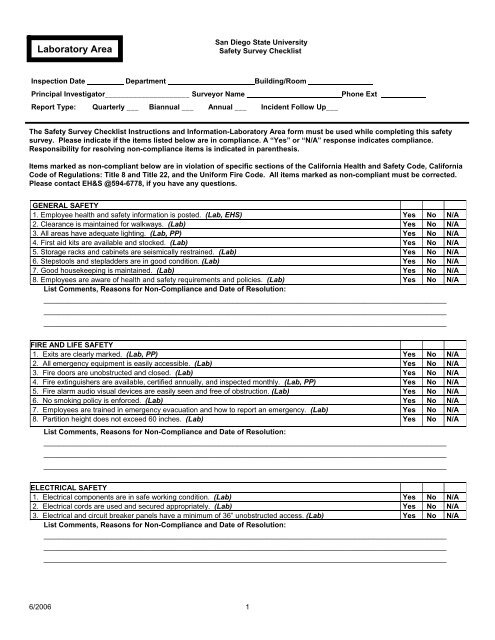 Safety Survey Checklist Laboratory Area