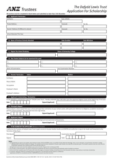 The Dafydd Lewis Trust Application For Scholarship