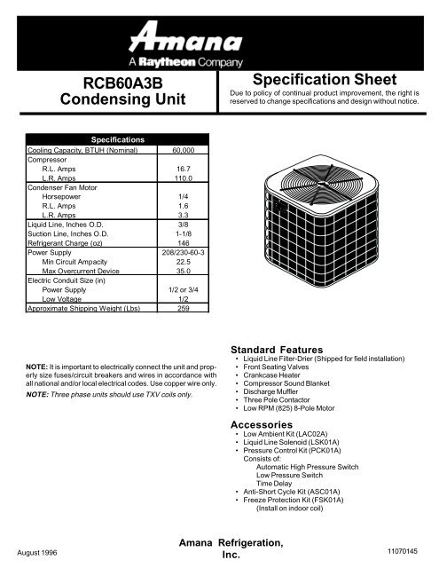 RCB60A3B Condensing Unit Specification Sheet