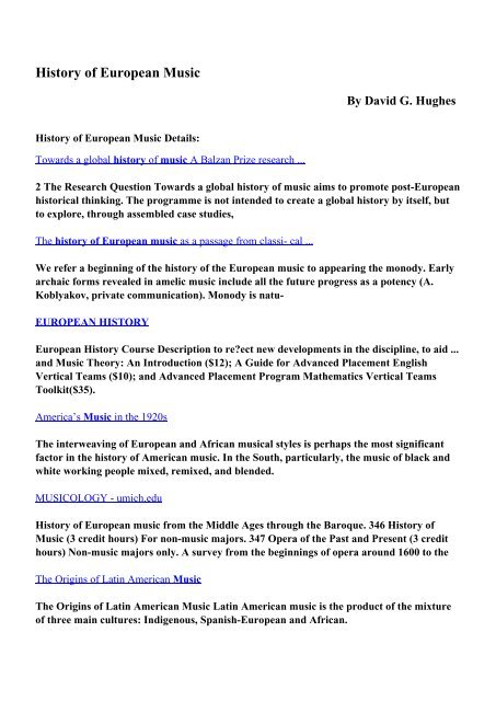 Download History of European Music pdf ebooks by David G. Hughes